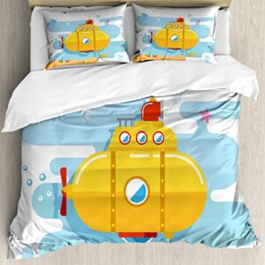 Ambesonne Yellow Submarine Duvet Cover Sets, Submarine Underwater Illustration Crab and Starfish Animal Print, Bedding Set with 2 Duvet Covers & 2 Pillowcases, 2 Pack Twin Size, Blue Earth Yellow