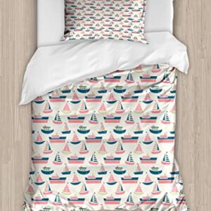 Ambesonne Sailing Duvet Cover Sets, Pattern of Little Ship Boat Yacht Submarine Marine Love for Cartoon, Bedding Set with 2 Duvet Covers & 4 Pillowcases, 2 Pack King Size, Multicolor