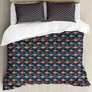 Ambesonne Marine Duvet Cover Sets, Image of Submarines and Zeppelins in Continuous Nostalgic Pattern Nautical, Bedding Set with 2 Duvet Covers 4 Pillowcases, 2 Pack Cal King Size, Salmon and Dark Blue