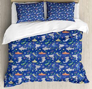 lunarable shark duvet cover sets, underwater cartoon with continuous submarine diver and shark fish, bedding set with 2 duvet covers 4 pillowcases, 2 pack cal king size, violet blue multicolor