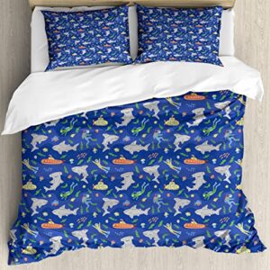 Lunarable Shark Duvet Cover Sets, Underwater Cartoon with Continuous Submarine Diver and Shark Fish, Bedding Set with 2 Duvet Covers 4 Pillowcases, 2 Pack Cal King Size, Violet Blue Multicolor