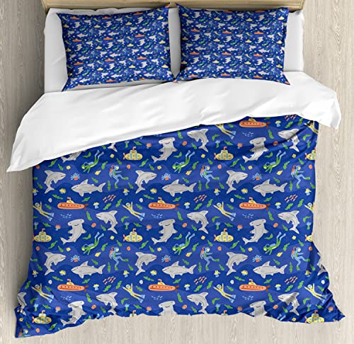 Lunarable Shark Duvet Cover Sets, Underwater Cartoon with Continuous Submarine Diver and Shark Fish, Bedding Set with 2 Duvet Covers 4 Pillowcases, 2 Pack Cal King Size, Violet Blue Multicolor