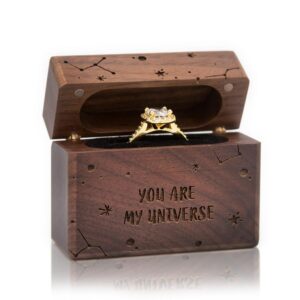 muujee you are my universe engraved wooden ring box, slim engagement proposal ring holder, wedding ceremony ring bearer box, fiance gift ideas