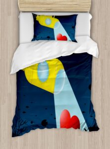 ambesonne yellow submarine duvet cover sets, illustration of a underwater submarine finding a heart romance image, bedding set with 2 duvet covers & 4 pillowcases, 2 pack queen size, yellow dark blue