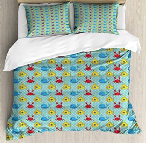 ambesonne yellow submarine duvet cover sets, underwater life theme pattern submarines whales and crabs print, bedding set with 2 duvet covers & 4 pillowcases, 2 pack queen size, aqua and mustard