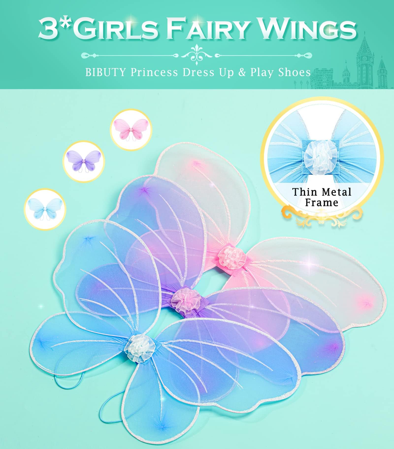 Princess Dresses for Girls Fairy Wings, BIBUTY Dress Up Clothes Pretend Play Costumes Trunk with 3 Sets of Princess Dress Up Shoes, Glitter Girls Tutu Skirts and Butterfly Wings, Toys for 3-6 yr Girls