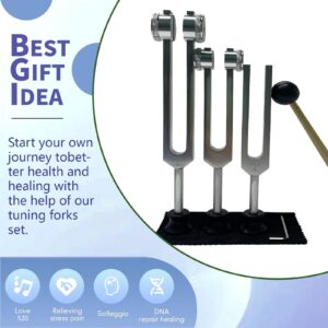 Tuning Fork Set (128Hz, 256Hz, 512Hz) — Medical Tuning Forks set for Healing with Silicone Hammer, Repair Tool, Cleaning Cloth and Storage Bag