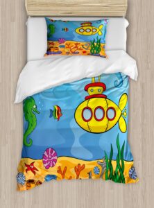 ambesonne yellow submarine duvet cover sets, underwater theme vehicle seahorse starfish and fish print, bedding set with 2 duvet covers 4 pillowcases, 2 pack cal king size, marigold and aqua