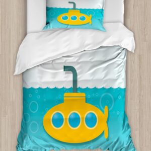 Ambesonne Yellow Submarine Duvet Cover Sets, Illustration of Submarine with Bubbles Below The Sea Pattern, Bedding Set with 2 Duvet Covers & 4 Pillowcases, 2 Pack King Size, Earth Yellow Pale Blue