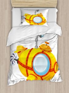 ambesonne yellow submarine duvet cover sets, illustration of a bathyscaphe in cartoon style design print, bedding set with 2 duvet covers 4 pillowcases, 2 pack cal king size, pale yellow and orange