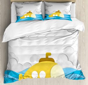 ambesonne yellow submarine duvet cover sets, submarine over the wavy sea and the clouds in the sky image print, bedding set with 2 duvet covers 4 pillowcases, 2 pack cal king size, mustard and blue