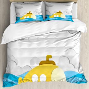 Ambesonne Yellow Submarine Duvet Cover Sets, Submarine Over The Wavy Sea and The Clouds in The Sky Image Print, Bedding Set with 2 Duvet Covers 4 Pillowcases, 2 Pack Cal King Size, Mustard and Blue