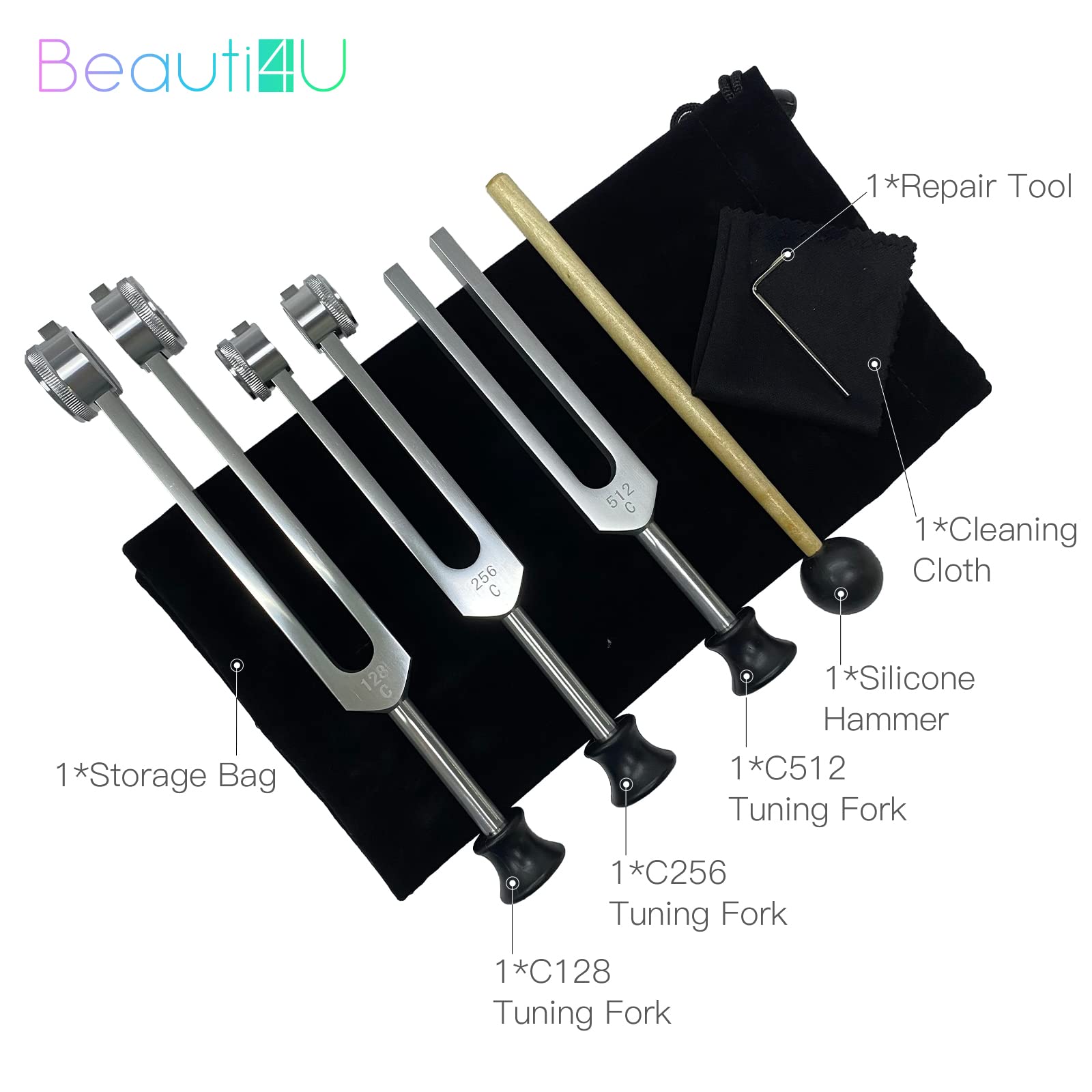 Tuning Fork Set (128Hz, 256Hz, 512Hz) — Medical Tuning Forks set for Healing with Silicone Hammer, Repair Tool, Cleaning Cloth and Storage Bag