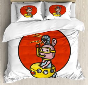 ambesonne yellow submarine duvet cover sets, little alien cartoon in spaceship periscope over moon planet, bedding set with 2 duvet covers & 4 pillowcases, 2 pack king size, white red