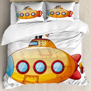 Ambesonne Yellow Submarine Duvet Cover Sets, Sea Theme Design in Cartoon Style Illustration of a Submarine Print, Bedding Set with 2 Duvet Covers & 4 Pillowcases, 2 Pack King Size, Orange and Yellow