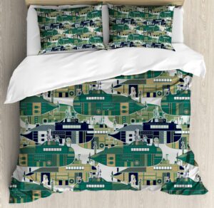 ambesonne retro duvet cover sets, retro submarine concept with torpedoes vintage hand drawn squares circles image, bedding set with 2 duvet covers 4 pillowcases, 2 pack cal king size, multicolor