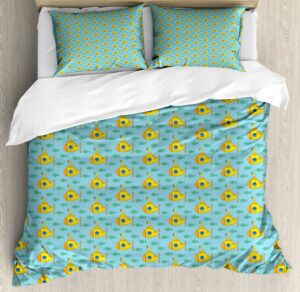 ambesonne yellow submarine duvet cover sets, aqua pattern with little fish fun nautical porthole periscope ocean theme, bedding set with 2 duvet covers 4 pillowcases, 2 pack cal king size, aqua yellow