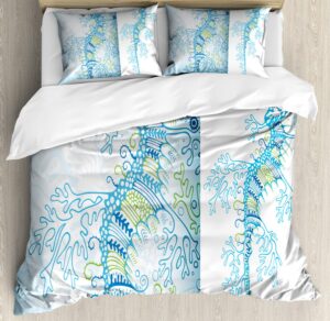 ambesonne animal duvet cover sets, ornamental seahorse fish figure in soft colors submarine underwater design, bedding set with 2 duvet covers 4 pillowcases, 2 pack cal king size, blue green