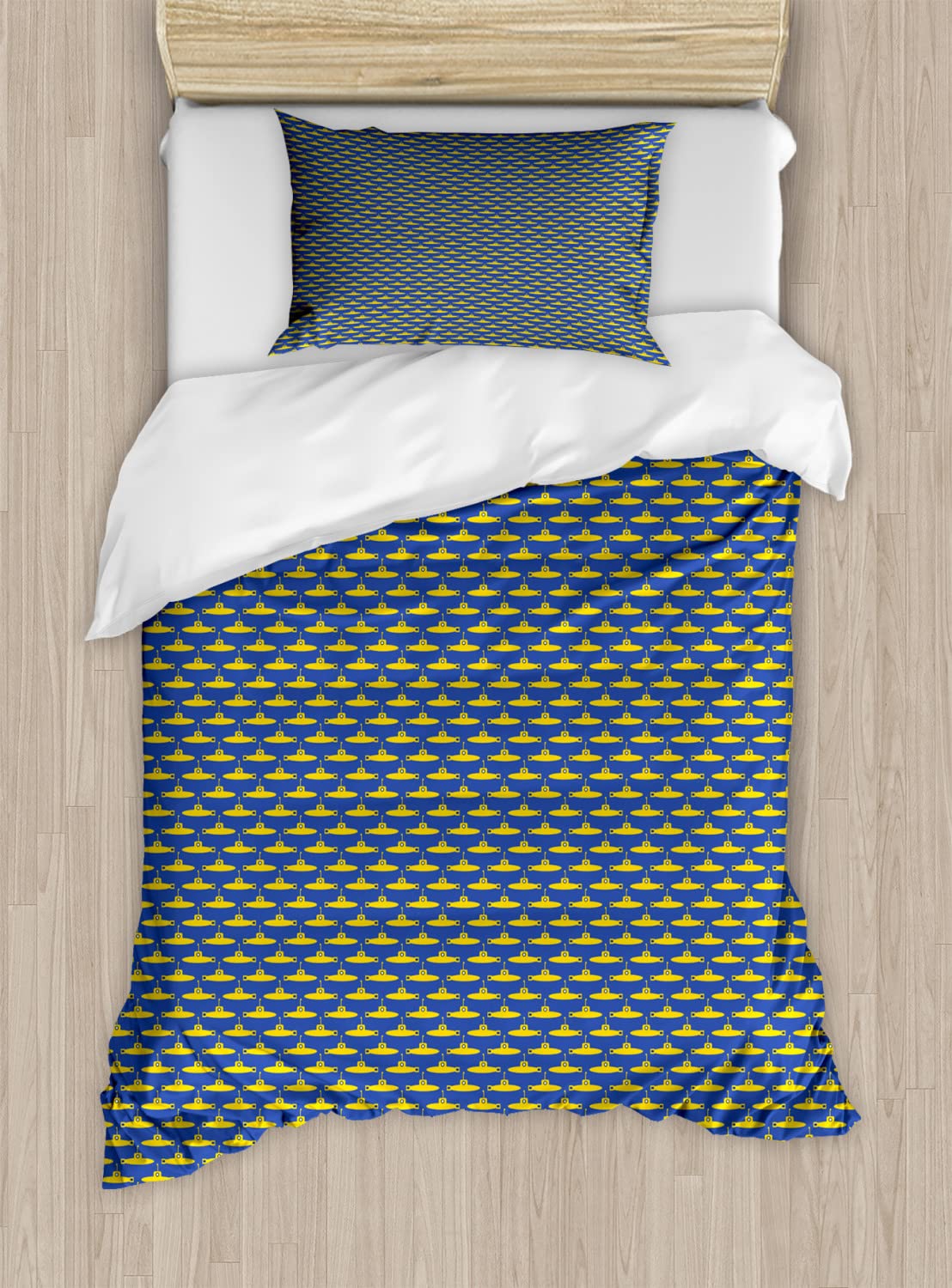 Ambesonne Yellow Submarine Duvet Cover Sets, Repeating Pattern of Underwater Vehicle Pictogram Nautical, Bedding Set with 2 Duvet Covers 4 Pillowcases, 2 Pack Cal King Size, Mustard and Persian Blue