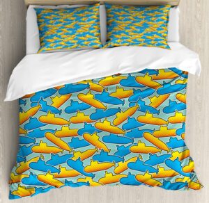 ambesonne yellow submarine duvet cover sets, pop art style retro underwater theme classical submarine design print, bedding set with 2 duvet covers & 4 pillowcases, 2 pack king size, yellow and blue