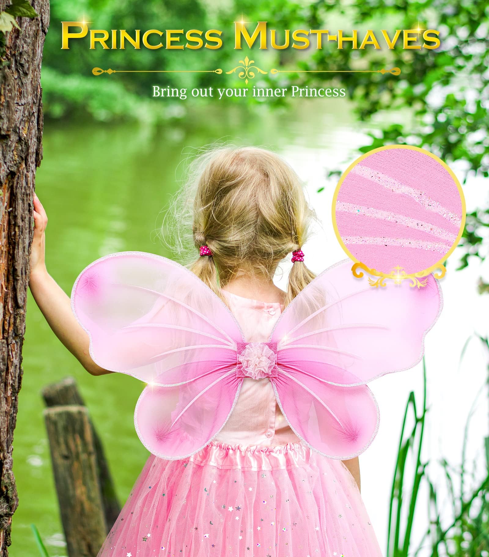 Princess Dresses for Girls Fairy Wings, BIBUTY Dress Up Clothes Pretend Play Costumes Trunk with 3 Sets of Princess Dress Up Shoes, Glitter Girls Tutu Skirts and Butterfly Wings, Toys for 3-6 yr Girls