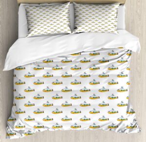 lunarable under the sea duvet cover sets, hand drawn submarine cartoon marine themed design, bedding set with 2 duvet covers 4 pillowcases, 2 pack cal king size, blue earth yellow brown