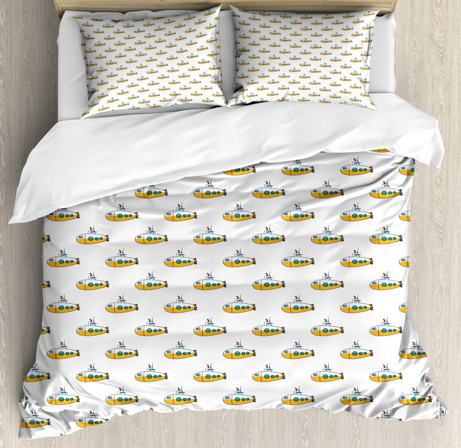 Lunarable Under The Sea Duvet Cover Sets, Hand Drawn Submarine Cartoon Marine Themed Design, Bedding Set with 2 Duvet Covers 4 Pillowcases, 2 Pack Cal King Size, Blue Earth Yellow Brown