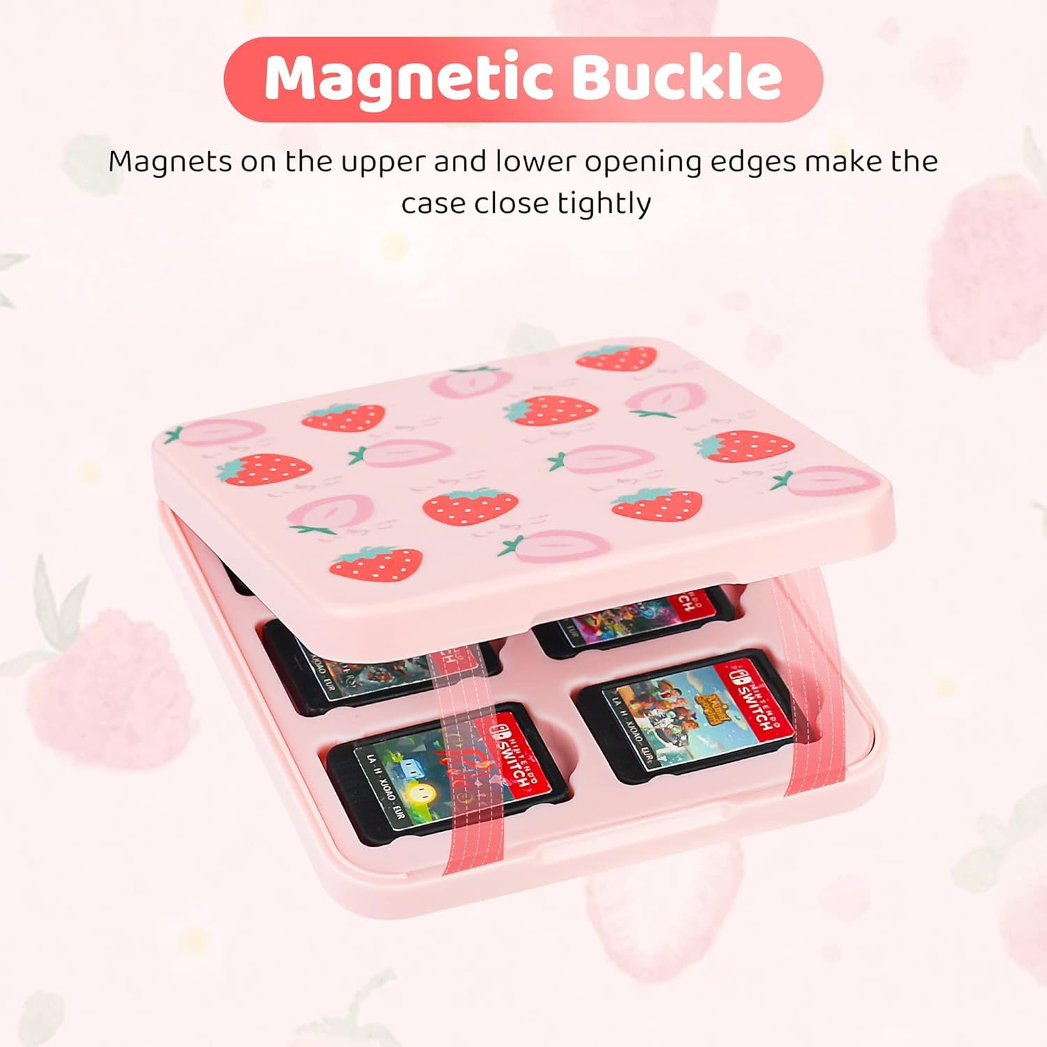 RHOTALL Cute Strawberry Game Card Case for Nintendo Switch and Switch OLED, Storage Card Box with 12 Game Cards Cartridge and 12 SD Cards Slots, Portable Switch Games Holder with Magnetic Design