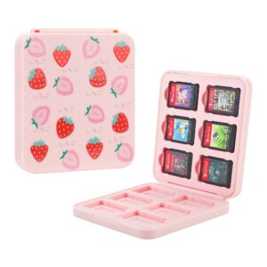 rhotall cute strawberry game card case for nintendo switch and switch oled, storage card box with 12 game cards cartridge and 12 sd cards slots, portable switch games holder with magnetic design