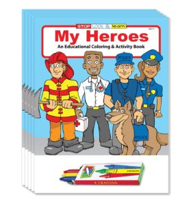 zoco - my heroes - police, fire, emts - kids coloring books (25 bulk pack, with crayons) - community relations & promotional handout - games, puzzles, activities