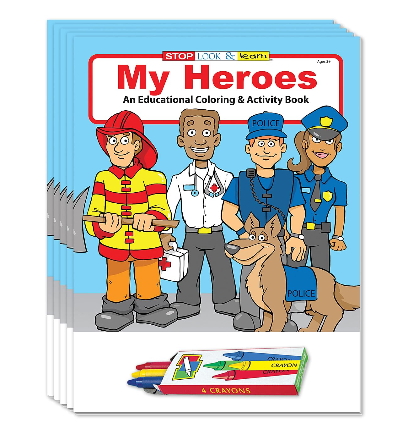 ZOCO - My Heroes - Police, Fire, EMTs - Kids Coloring Books (25 Bulk Pack, With Crayons) - Community Relations & Promotional Handout - Games, Puzzles, Activities