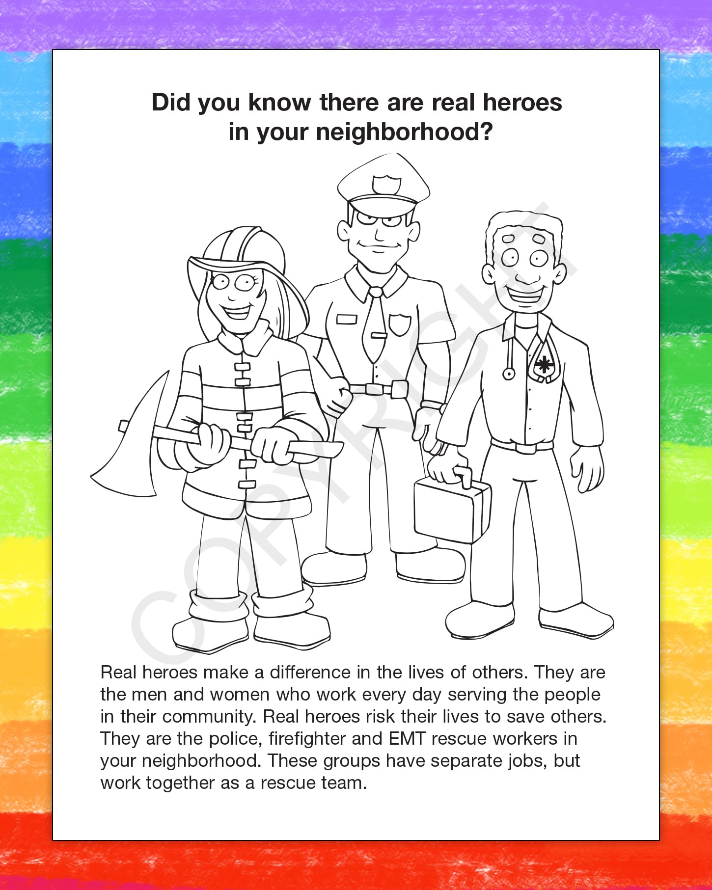 ZOCO - My Heroes - Police, Fire, EMTs - Kids Coloring Books (25 Bulk Pack, With Crayons) - Community Relations & Promotional Handout - Games, Puzzles, Activities