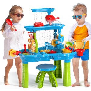 temi kids sand water table for toddlers, 3-tier sand and water play table toys for toddlers kids, activity sensory tables outside beach toys for toddler boys girls age 1-3 3-5