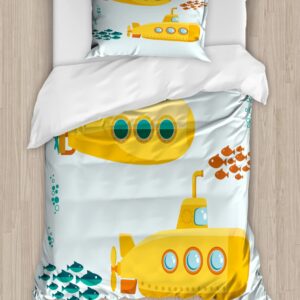 Ambesonne Yellow Submarine Duvet Cover Sets, Undersea Periscope with Shoal of Fish, Bedding Set with 2 Duvet Covers & 2 Pillowcases, 2 Pack Twin Size, Yellow Pale Blue