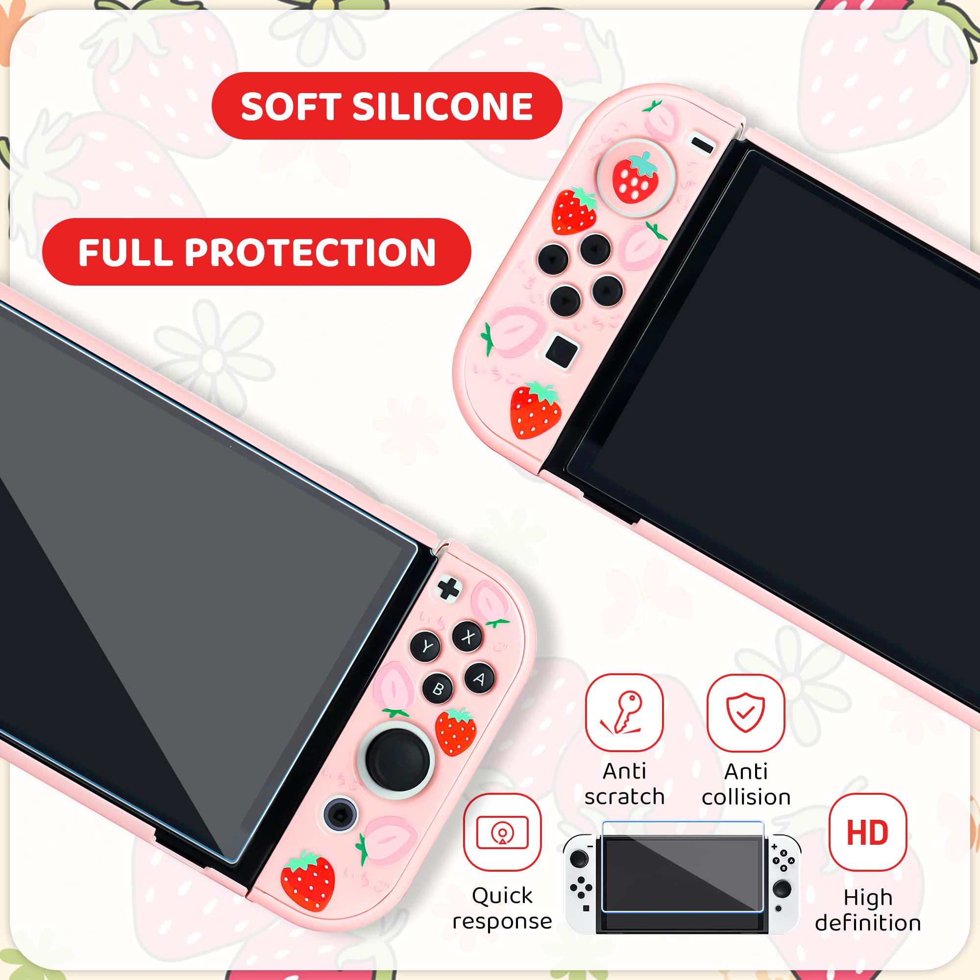 RHOTALL 6 in 1 Cute Strawberry Carrying Case Set for Nintendo Switch OLED,Portable Pink Travel bundle Case for Switch OLED Accessories,Protective Cover,Screen Protector,Shoulder Strap and 2 Thumb Caps