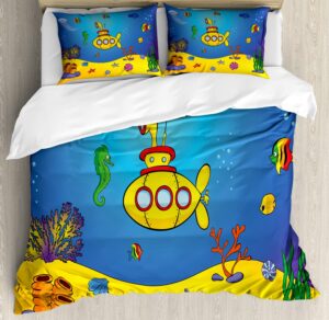 ambesonne yellow submarine duvet cover sets, nautical colorful fish underwater jellyfish seahorse shells starfish, bedding set with 2 duvet covers 4 pillowcases, 2 pack cal king size, blue yellow