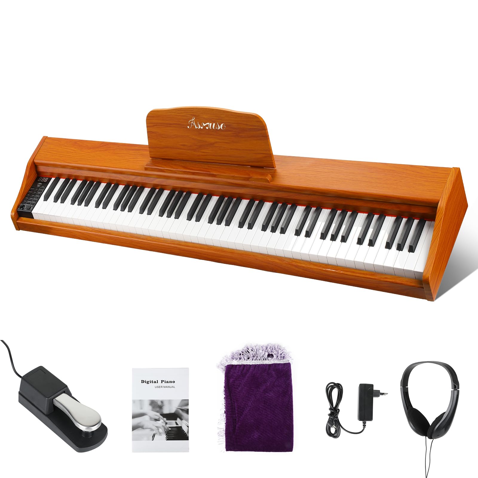 Asmuse 88 Key Digital Piano, Full-Size Semi-Weighted Keys Electric Keyboard Piano, Portable Piano Keyboard with MIDI/USB for Beginner Adults Practice (Brown)