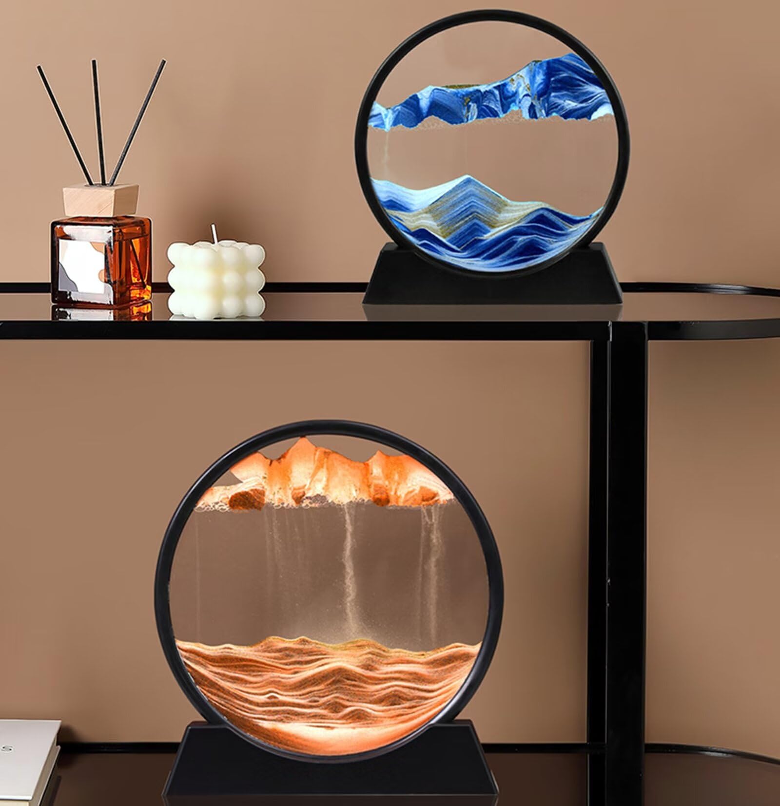 BGFJYUK Moving Sand Art Picture in Motion, Round Tempered Glass 3D Deep Sea Sandscapes with Display Flowing Sand Frame for Relaxing Desktop Home Office Work Décor for Kids Adults （Blue, 7inch