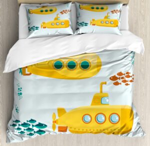 ambesonne yellow submarine duvet cover sets, undersea periscope with shoal of fish, bedding set with 2 duvet covers & 4 pillowcases, 2 pack king size, yellow pale blue