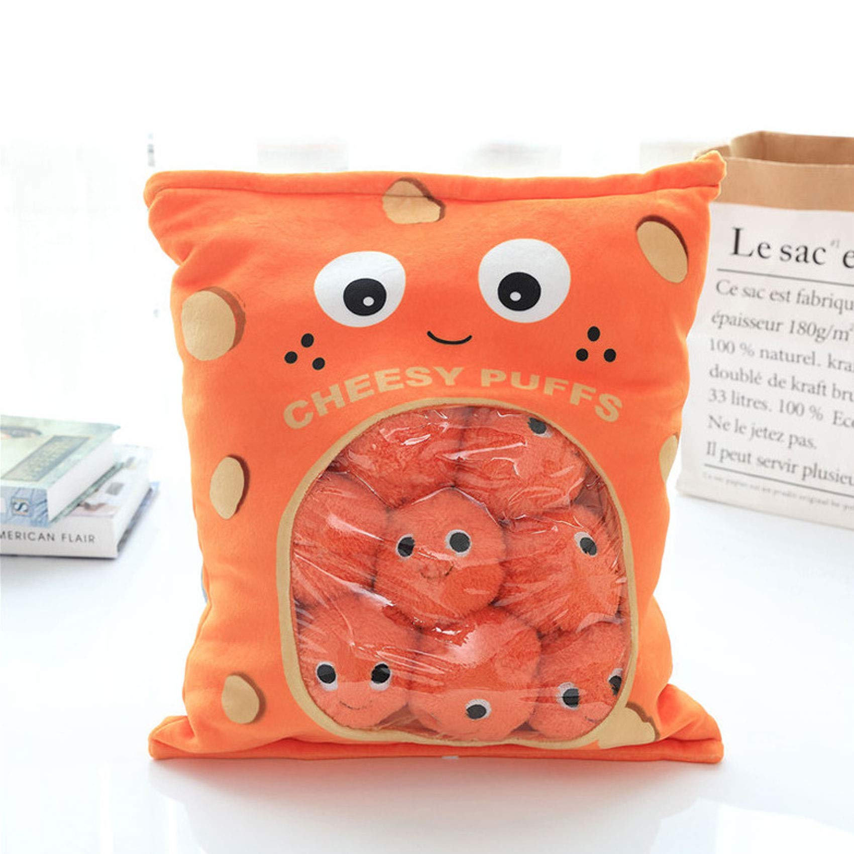 Angleliu Cheesy Puffs Plush Pillow,Stuffed Toy Game Pillow with a Bag of Cheesy Puffs Balls,for Children Sleep Home Decoration (Large)