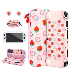 rhotall 6 in 1 cute strawberry carrying case set for nintendo switch oled,portable pink travel bundle case for switch oled accessories,protective cover,screen protector,shoulder strap and 2 thumb caps