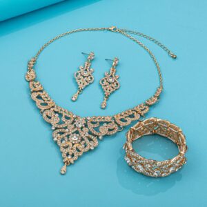 Paxuan Silver Gold Plated Wedding Jewelry Sets Bridal Necklace Rhinestone Earrings Bracelets