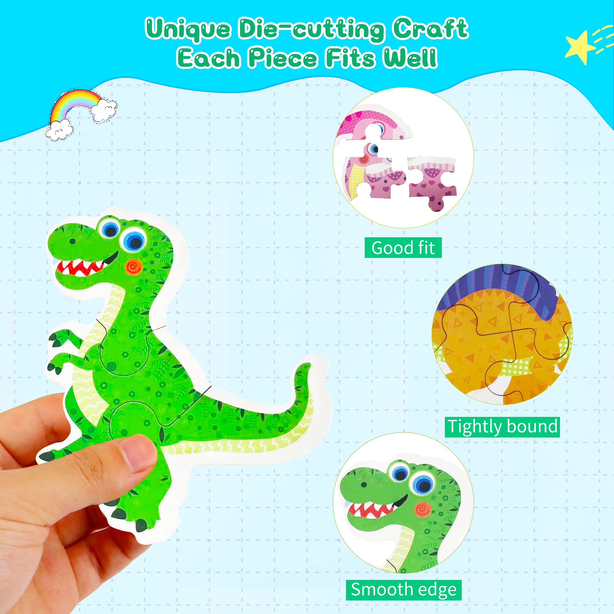 FLYINGSEEDS 6 Packs Dinosaur Wooden Shaped Jigsaw Puzzles for Toddlers Ages 1 2 3, Level-up Puzzles for Beginner, Montessori Learning Toys Preschool Educational Activity for Kids Ages 2-5