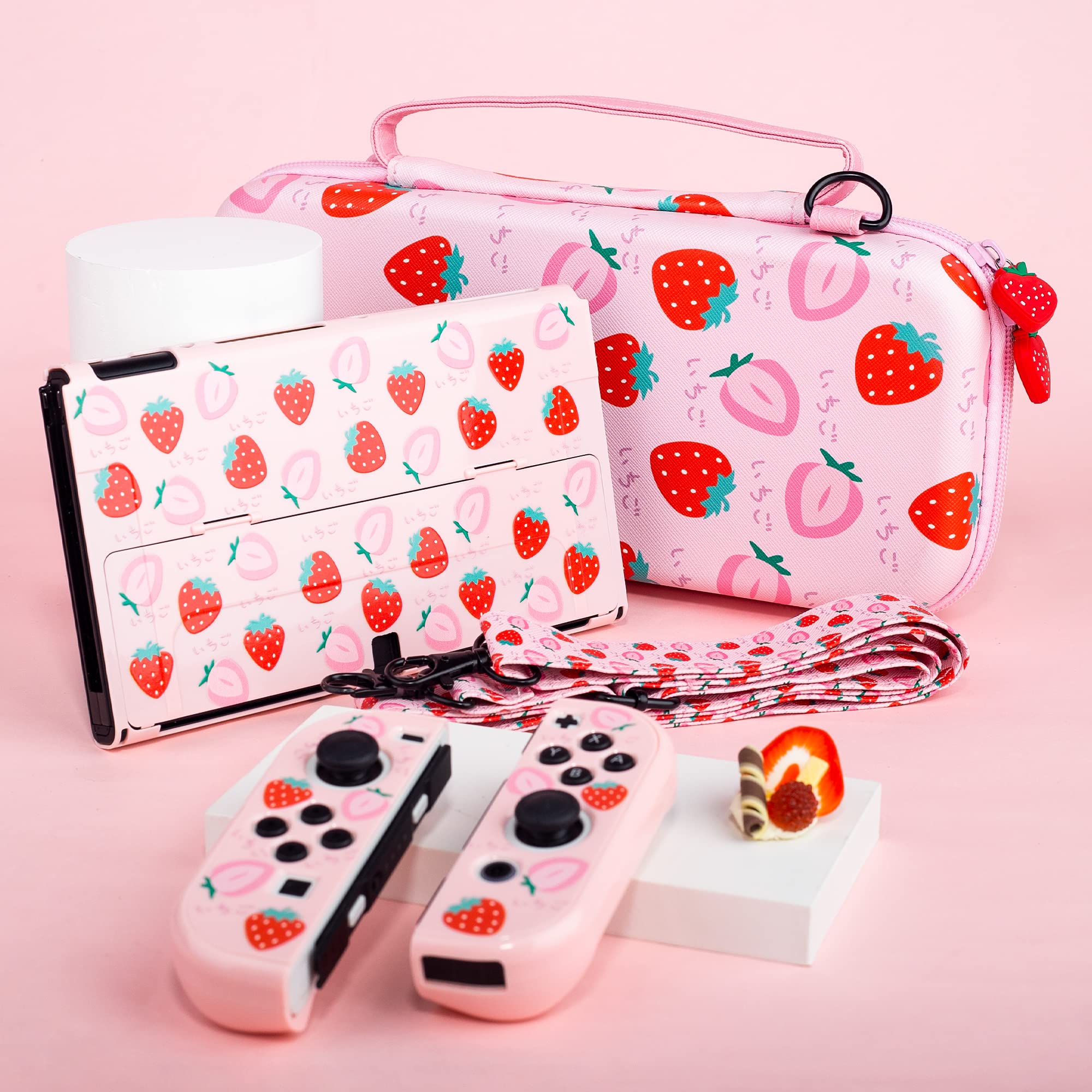 RHOTALL 6 in 1 Cute Strawberry Carrying Case Set for Nintendo Switch OLED,Portable Pink Travel bundle Case for Switch OLED Accessories,Protective Cover,Screen Protector,Shoulder Strap and 2 Thumb Caps