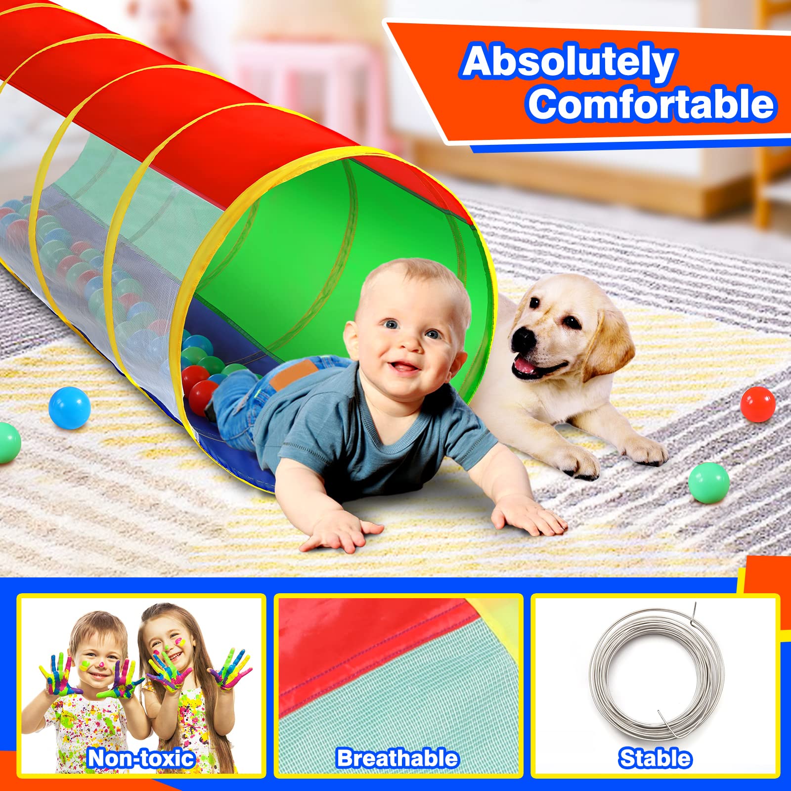 Hoohtoot Kids Crawl Through Play Tunnel, Pop Up Baby Play Tunnel for Toddlers, Game Toy Play Tent for Girl or Dog Cat Pet Tunnel