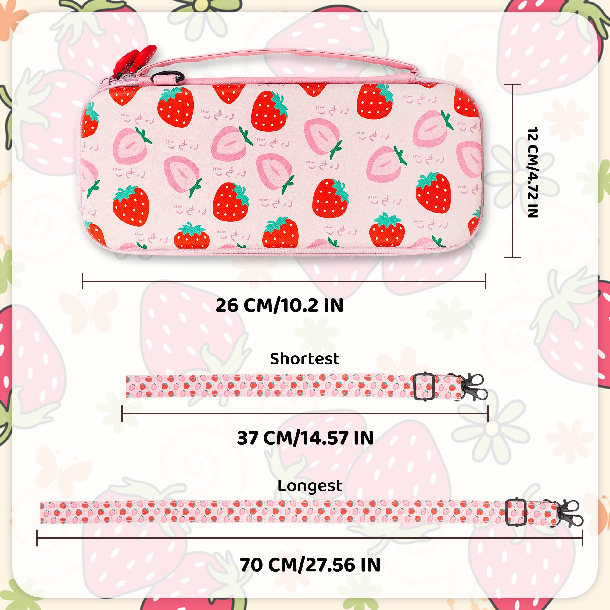 RHOTALL 6 in 1 Cute Strawberry Carrying Case Set for Nintendo Switch OLED,Portable Pink Travel bundle Case for Switch OLED Accessories,Protective Cover,Screen Protector,Shoulder Strap and 2 Thumb Caps