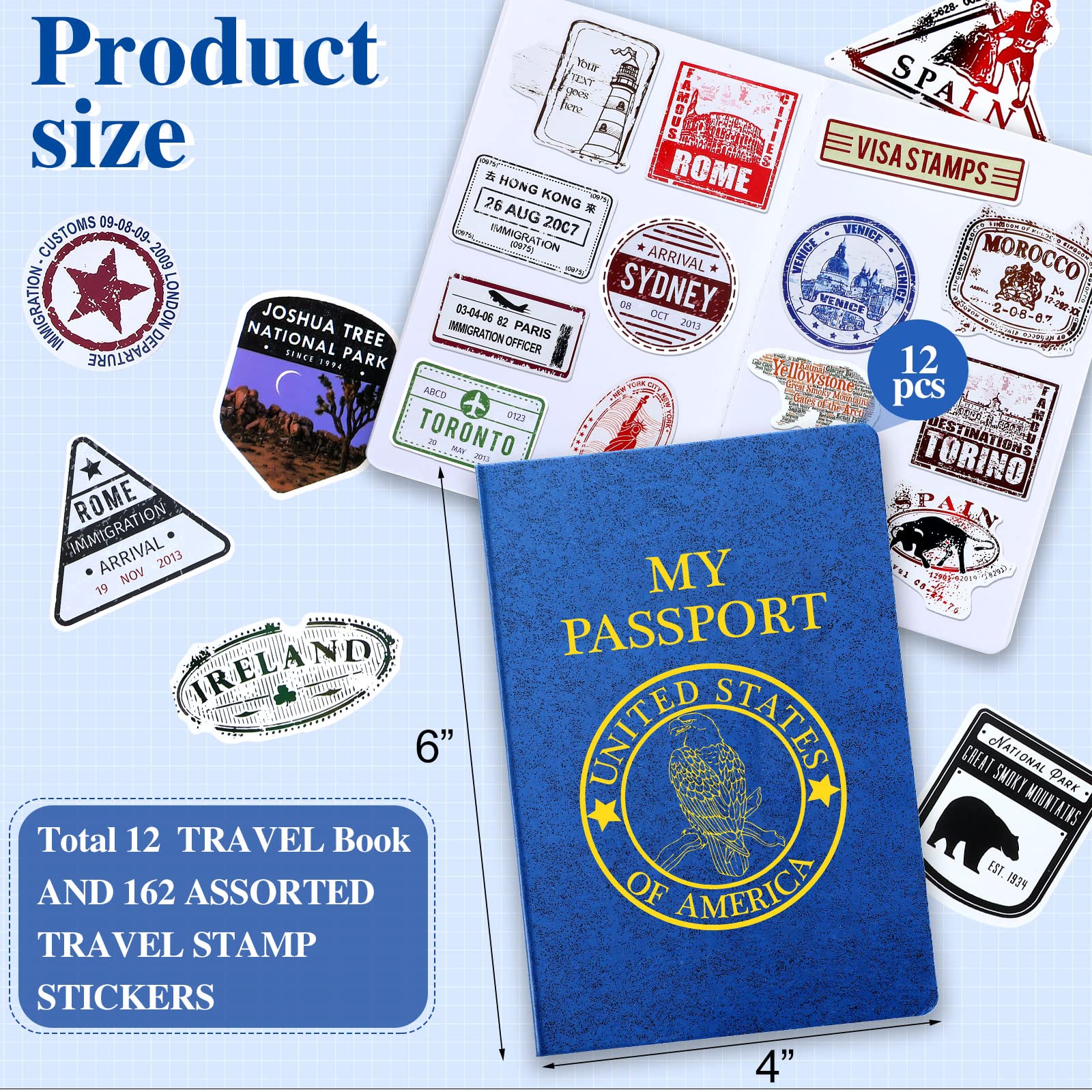 Sureio Kids Passport Book with Assorted Travel Stickers for Scrapbooks Party Favors Wall Decals Arts Crafts School Supplies Game Prizes Collections for Boys and Girls(174 Pcs)