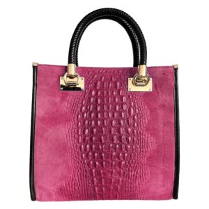 modarno women's shoulder bag - crocodile print suede leather handbag, fuchsia