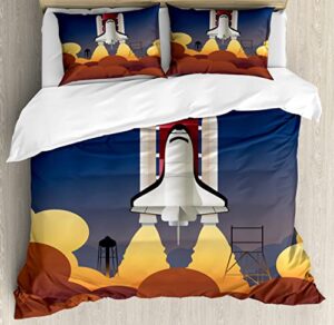 lunarable shuttle duvet cover sets, pattern of spaceship launching far into space, bedding set with 2 duvet covers & 4 pillowcases, 2 pack queen size, night blue multicolor