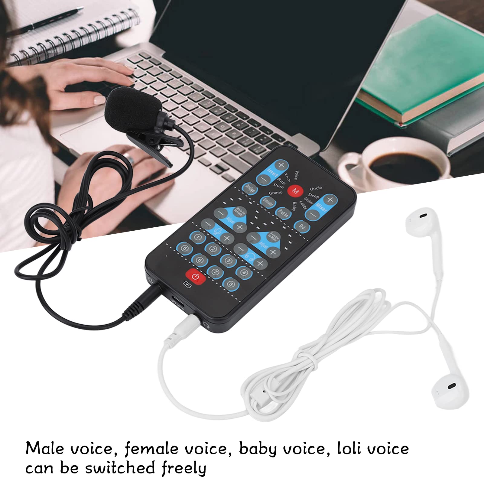 Portable Live Sound Card,8 Sound Effects External Mini Voice Changer,Support Multi Languages Beautification Handheld Sound Card for Mobile Phone Computer